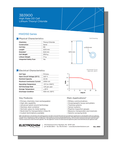 Electrochem 3B3900-FF DD Size Electrochem High Rate Lithium Thionyl ...