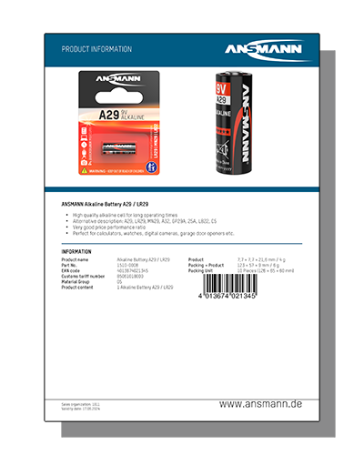 Ansmann A29-BP1(A) Ansmann 1510-0008 A29 9V Alkaline Battery Replaces ...