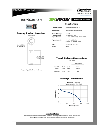 Energizer A544-BP1 - 6V 140mAh Alkaline Battery (4LR44)