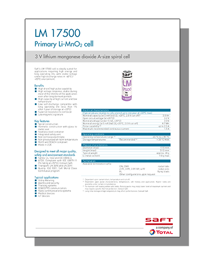 Saft LM17500 - Saft A Size 3V High Power Lithium Cylindrical Cell