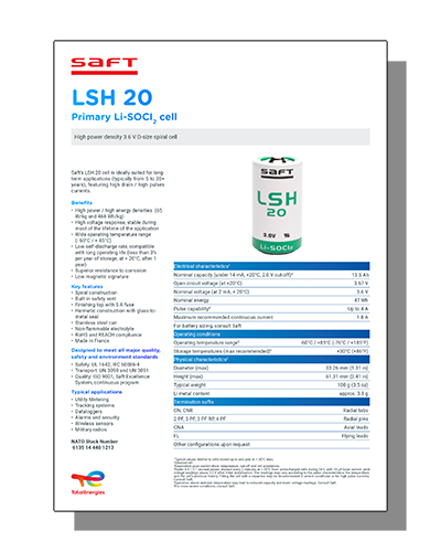 Saft LSH20 High Rate D size Spiral Wound Lithium Thionyl Chloride