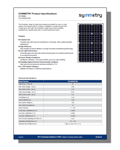 Symmetry SY2-M40W/LH4 12V 40W 36 Cell Symmetry Monocrystalline Solar ...