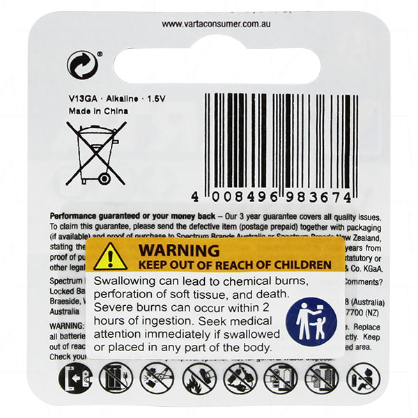 Varta V13GA-BP1 - 1.5V Varta Alkaline Button battery. Replaces 157, A76 ...