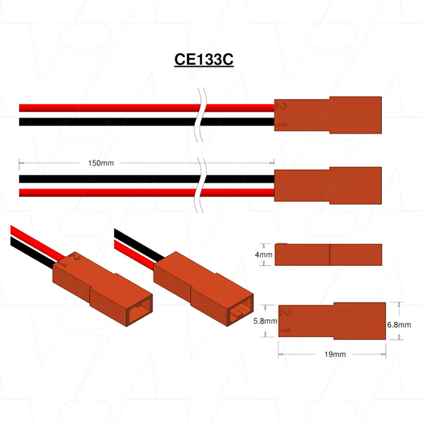 Enepower CE133C JST SYR-02T Female Connector 22AWG 150mm leads PIN 1 Black, PIN 2 Red