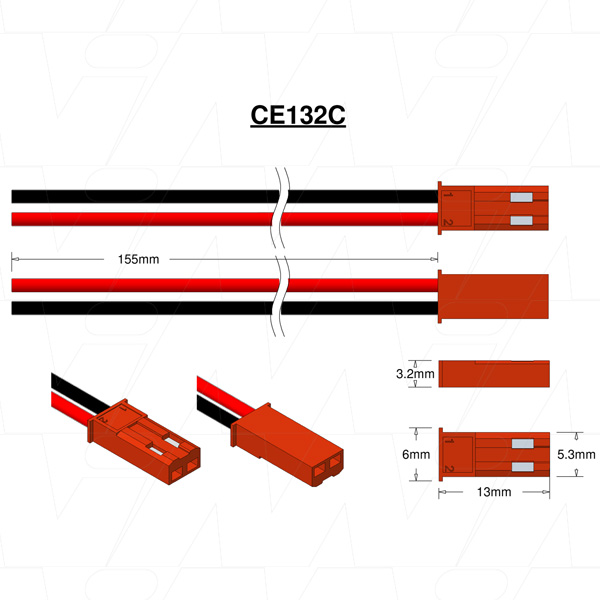 Enepower CE132C - JST SYP-02T-1 Male Connector 22AWG 150mm leads PIN 1 Black PIN2 Red