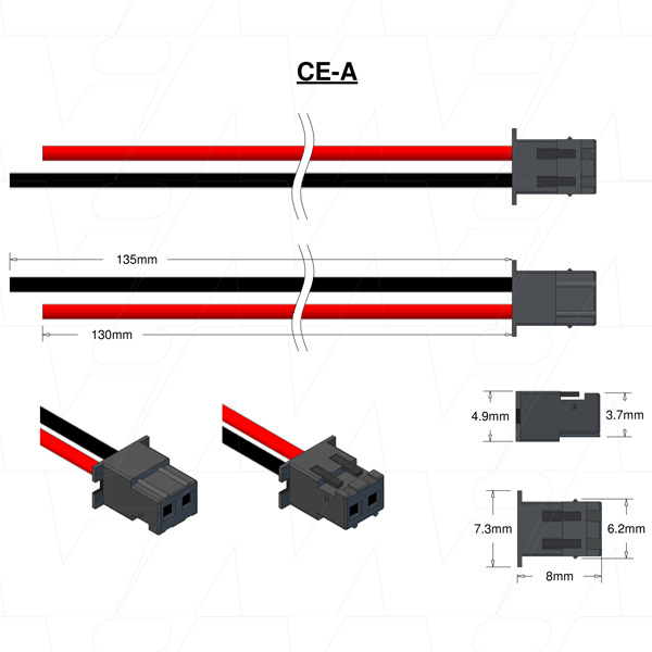 Enepower CE-A - Mitsumi type M63M83-02, Red=130mm Black=135mm Leads, Strip & Tin