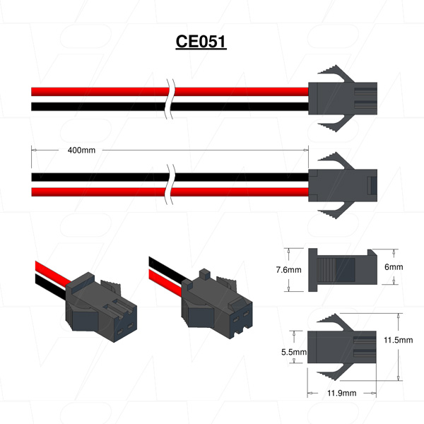Enepower CE051 - JST Type SMP-02V-BC 24AWG Red & Black 400mm Blunt Cut