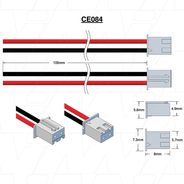 CE084 - JST Assy XHP-2, 26 AWG, Black & Red 105mm leads.