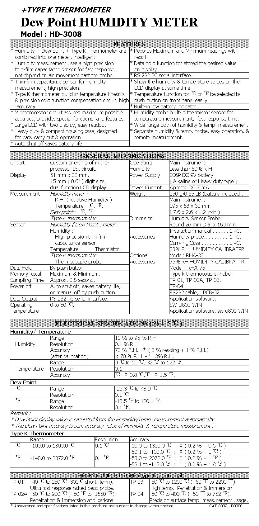 Lutron HD3008 - Humidity & Dew Point + Type K Thermometer, RS232