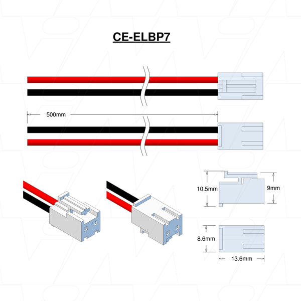 Enepower CE-ELBP7 - JST Type VHR-2N Male 2-PIN, Leads RED & BLACK=500mm AWG20.