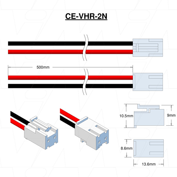CE-VHR-2N - JST VHR-2N Male 2-PIN AWG20 with 500mm Red and Black leads