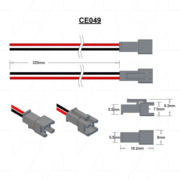Enepower CE049 - JST Female Type SMR-02V-B, Red & Black 325mm.