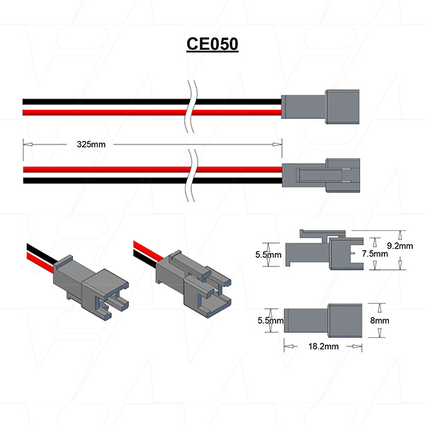Enepower CE050 - JST Female Type SMR-02V-B Red & Black 325mm.