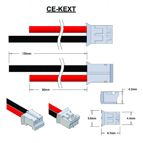 Enepower CE-KEXT - JST Type PHR-2, Leads RED=150mm BLACK=150mm UL1007 Strip & Tin