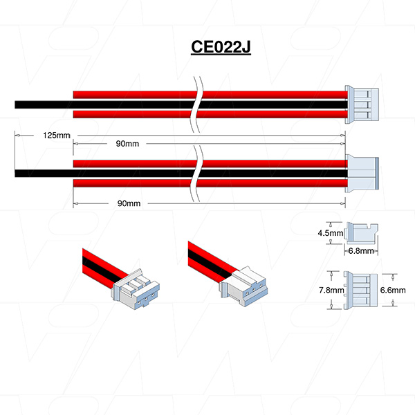 Enepower CE022J - JST Type PHR-3, 24AWG, B=125mm, R (x2)=90mm, Strip & Tin