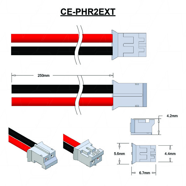 Enepower CE-PHR2EXT - JST Type PHR-2, Leads BLACK (P1) & RED (P2)=250mm ...