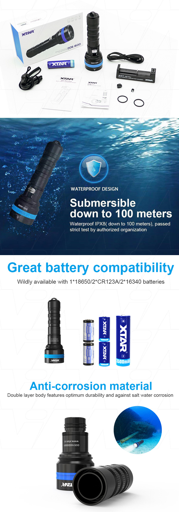 XTAR D06-1600 Set XTAR 1600 lumen professional diving flashlight fitted ...