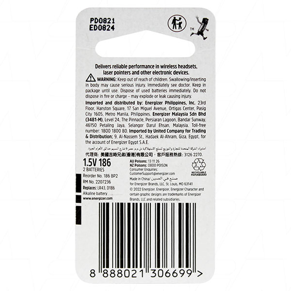 Energizer 186-BP2 - 186 Energizer Alkaline battery replaces 186, 186A ...