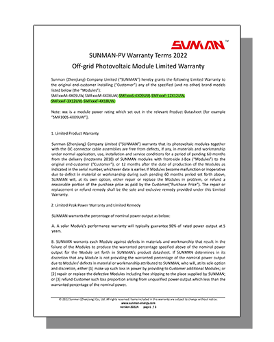 Sunman Warranty Terms | Master Instruments