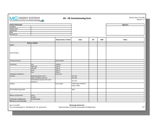Commissioning reports for MG Energy products