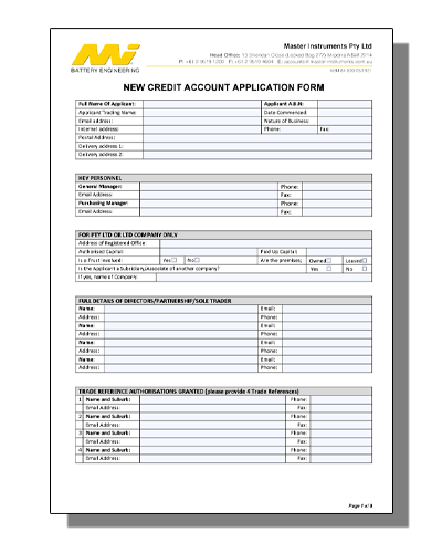 Master Instruments Credit Account Application Forms